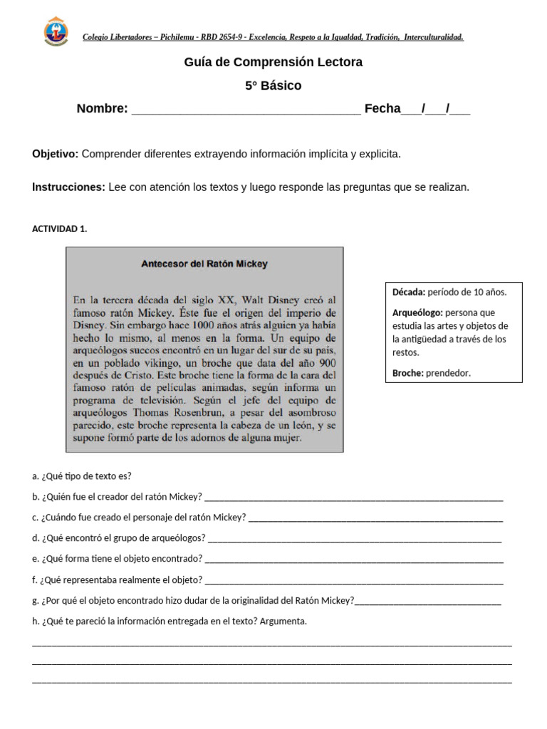 Guía de Comprensión Lectora 5° Básico | PDF