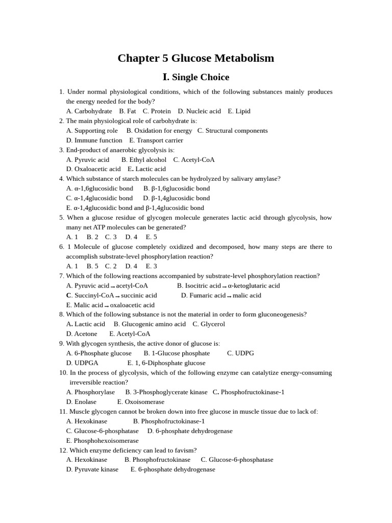 Chapter 5 Glucose Metabolism No Answer | PDF | Glycolysis | Metabolism