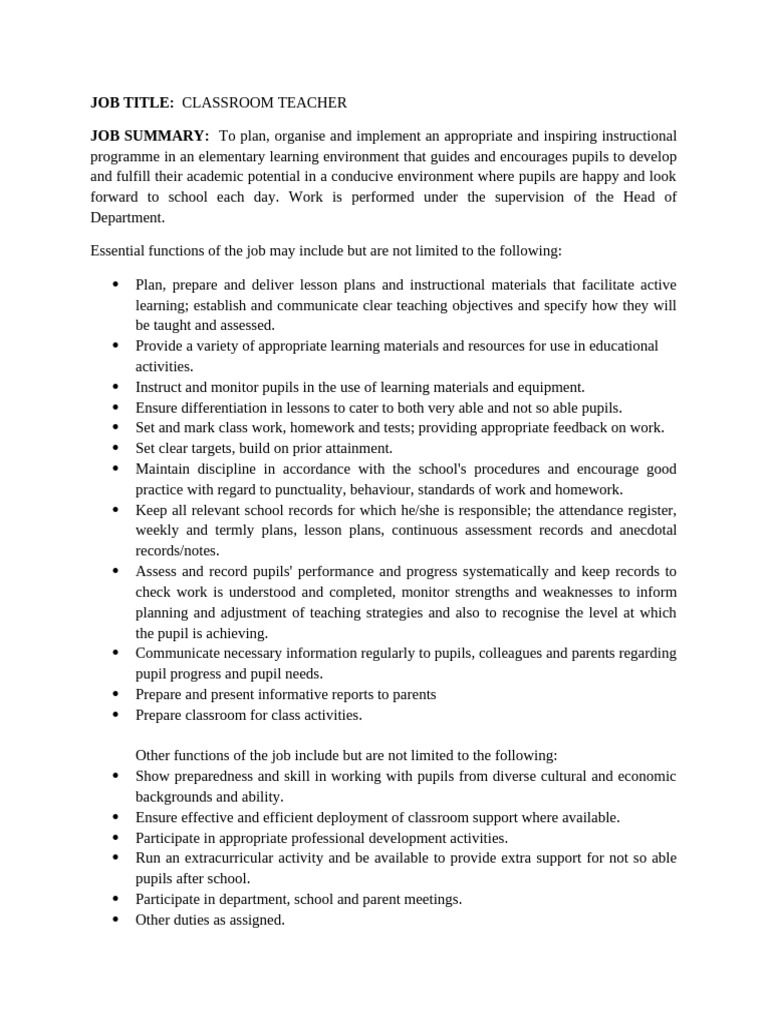 Classroom Teacher Job Responsibilities | PDF | Teachers | Lesson Plan