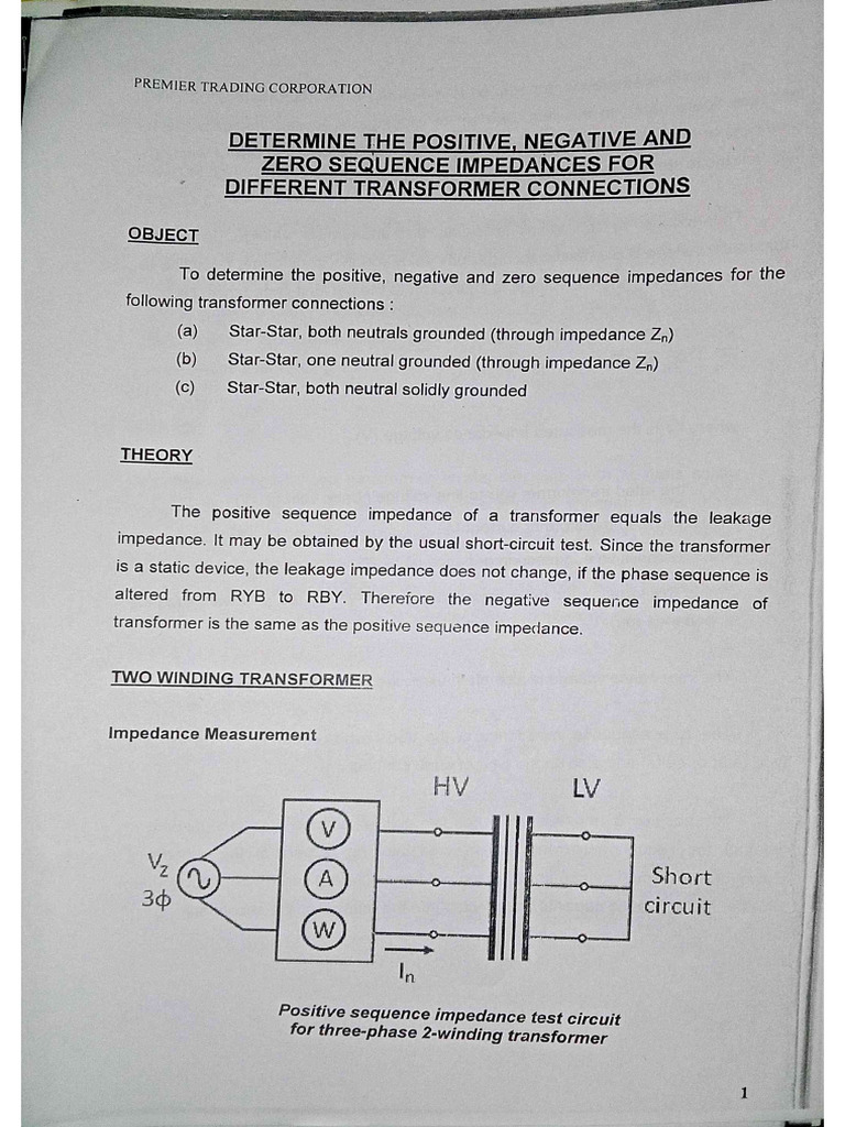 Ve, (-) Ve and Zero Sequence Impedance For Different Transformer Connection | PDF