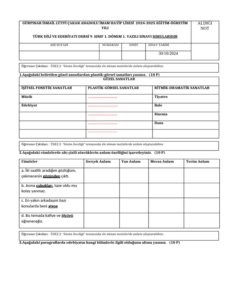 9.sinif 2024-2025 Tde 1.yazili Sorulari-Hayati̇ İptaş | PDF