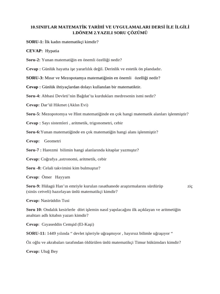 10.Sinif-Matematik-Tarihi-Ve-Uygulamalari-1.-Donem-2.-Yazili-Sorulari-Ve-Cevaplari- | PDF