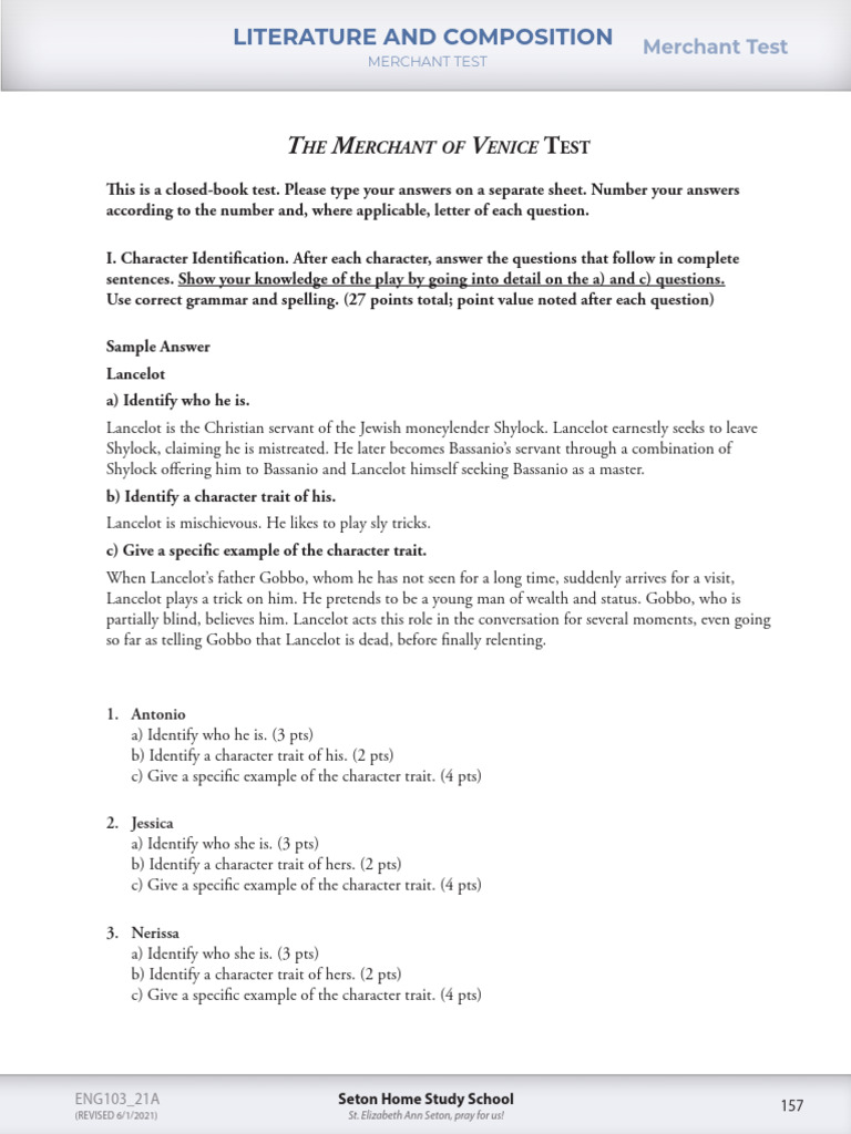 Merchant of Venice Character Test | PDF | The Merchant Of Venice | Shylock