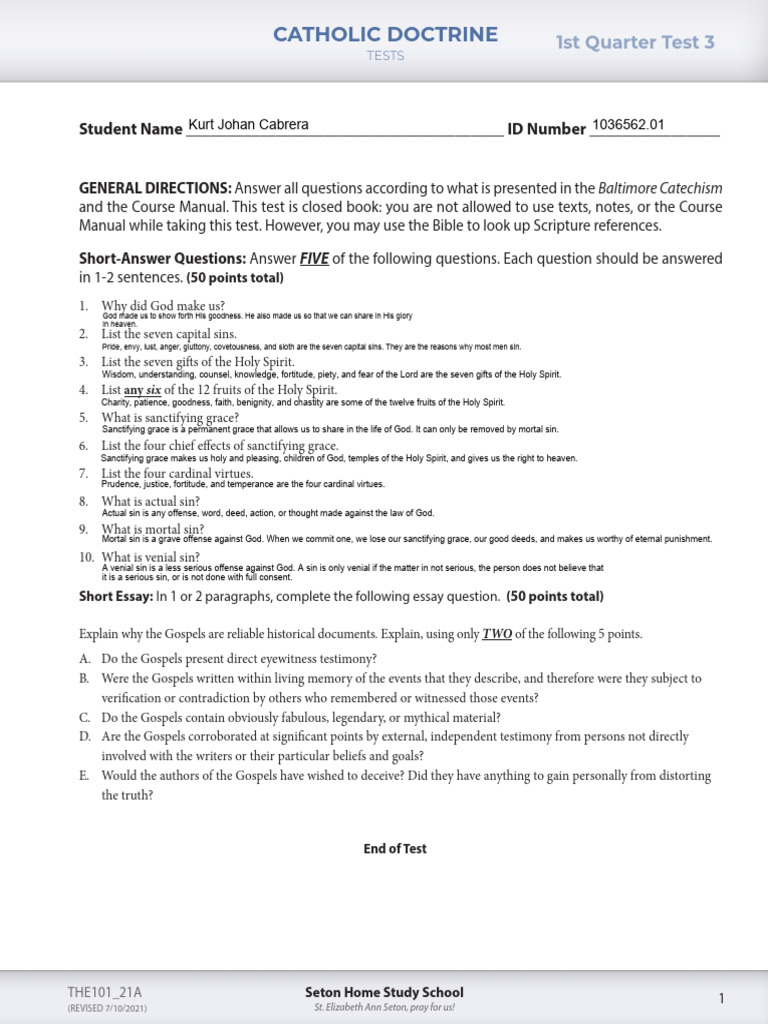 Seton 1st Quarter Test 3 | PDF | Seven Deadly Sins | Religious Belief ...