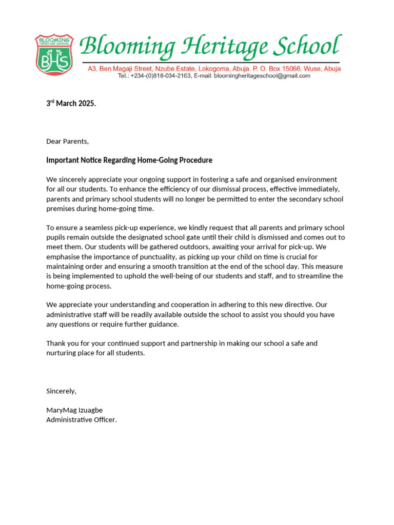 Home-Going Procedure Update for Parents | PDF