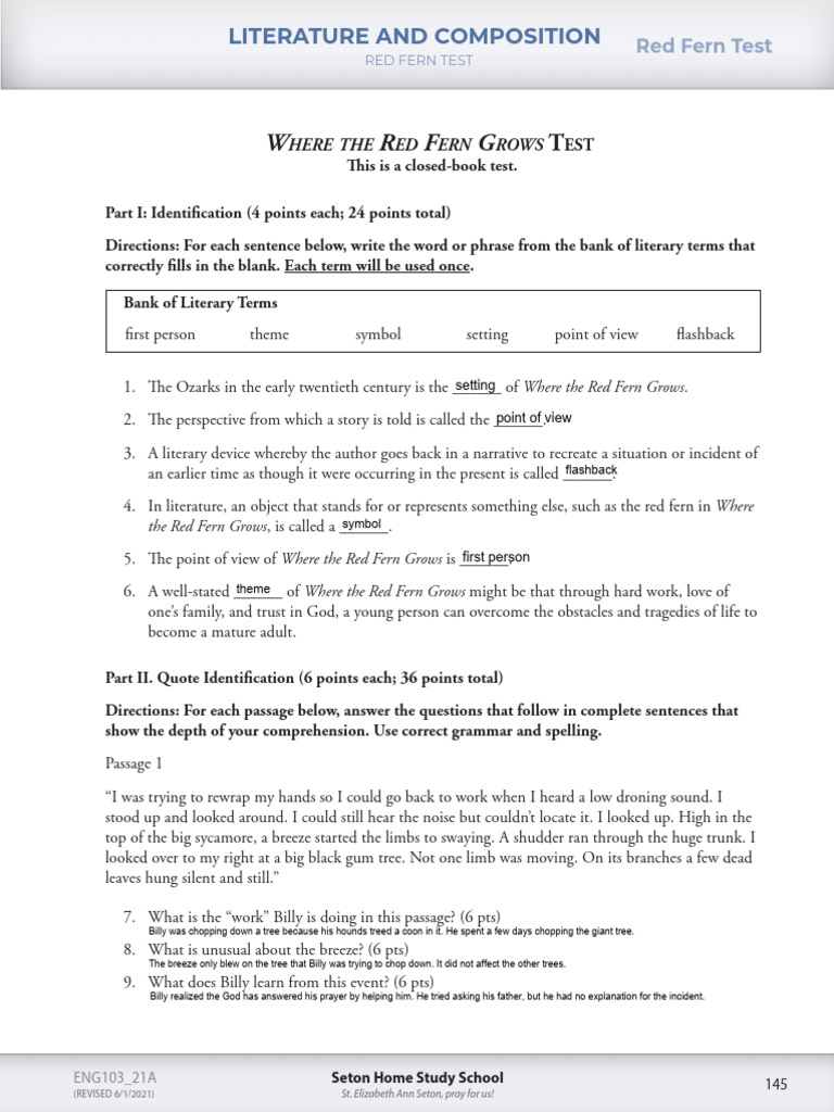 Where The Red Fern Grows Test | PDF