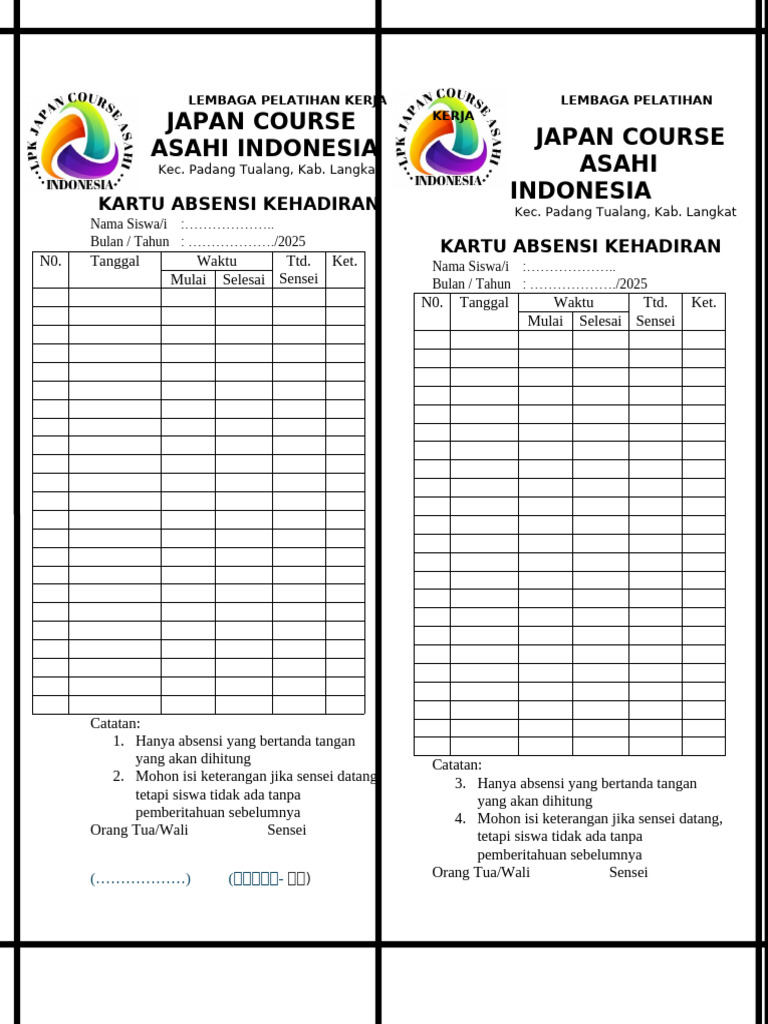 Lembar Absensi Les | PDF