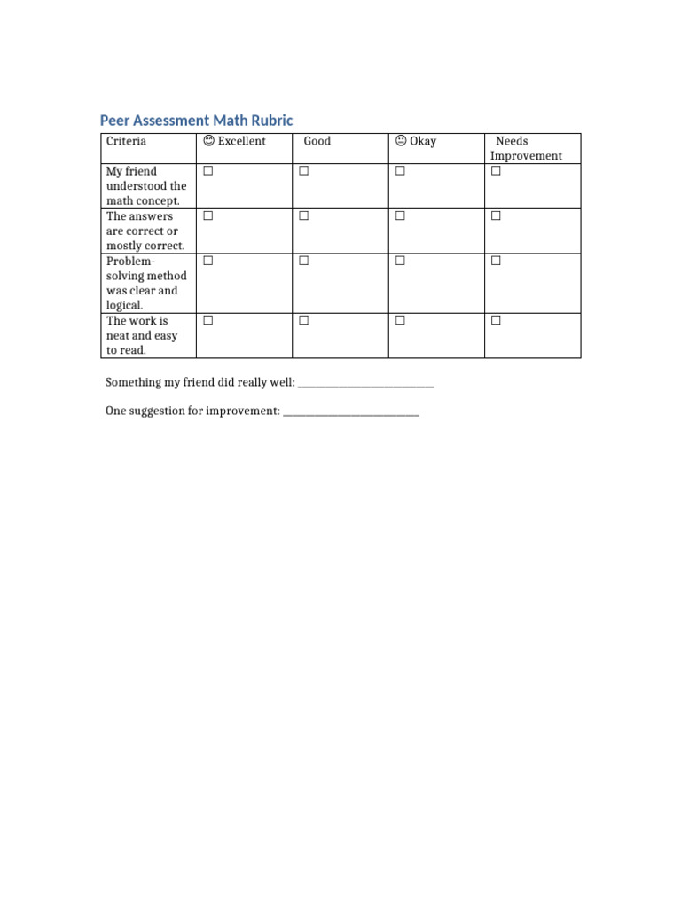Peer Assessment Math Rubric | PDF