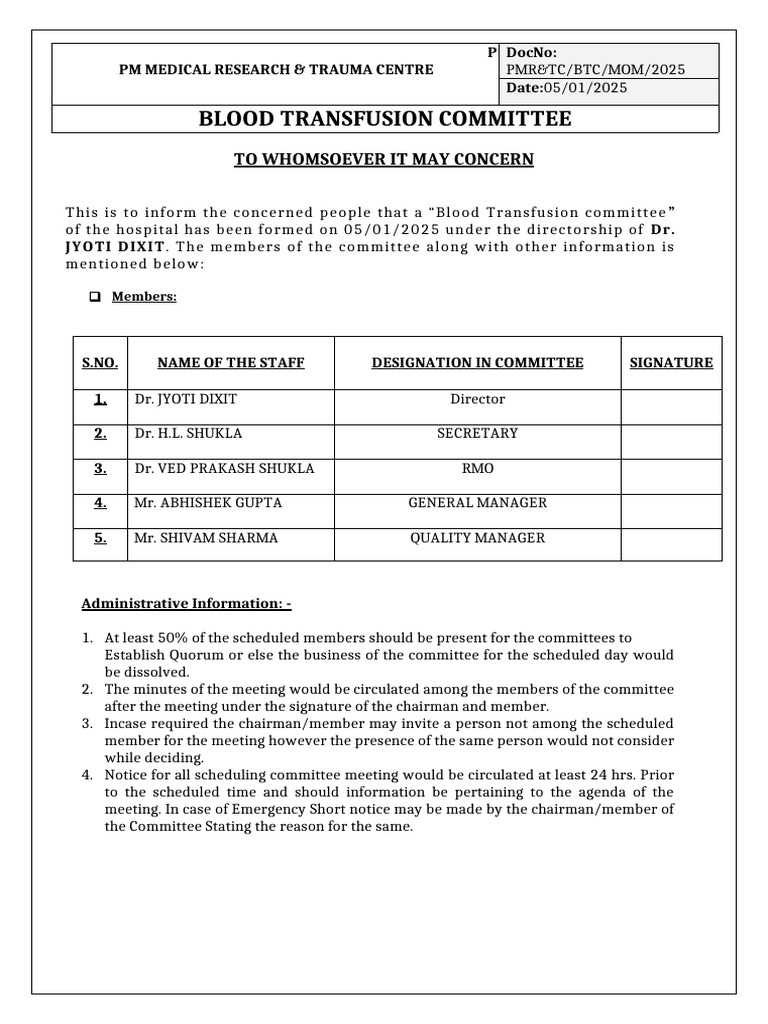 Blood Transfusion Committee Meeting Summary | PDF | Social Programs ...