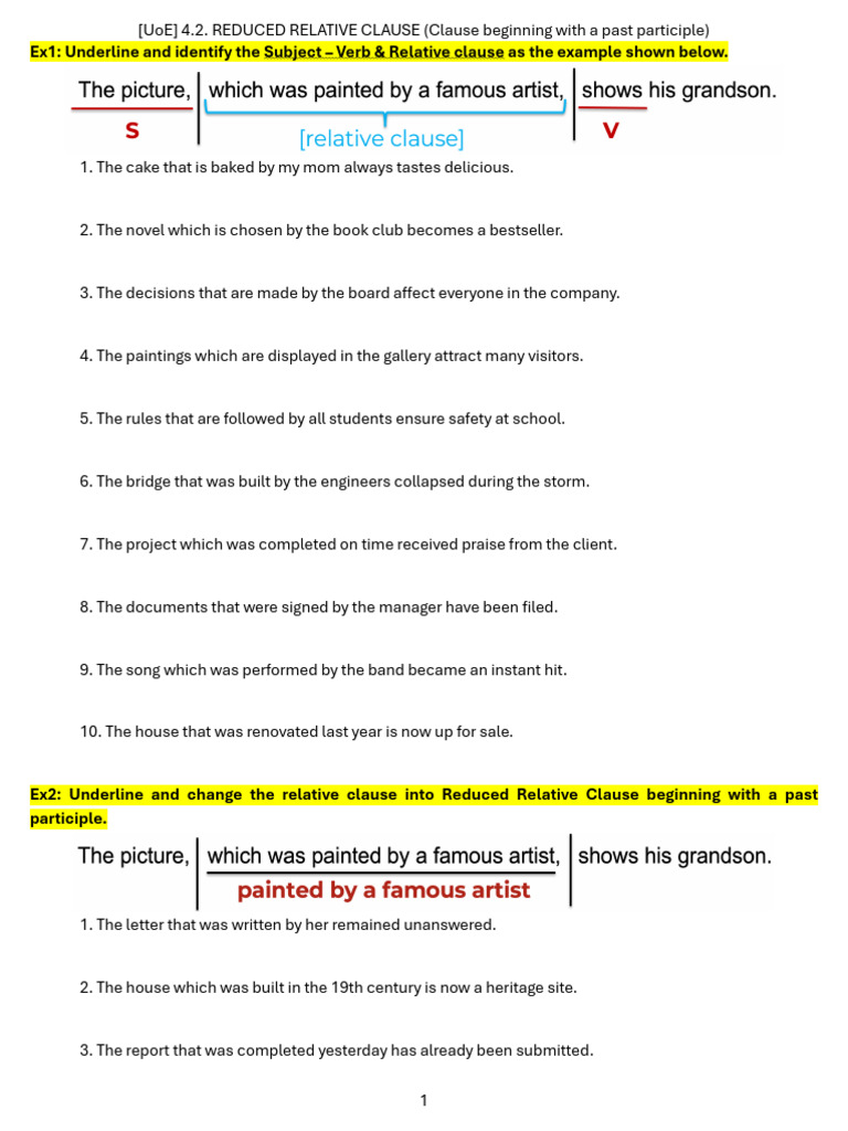(GE8) Unit 4 - Part 4.2 - (UoE) Reduced Relative Clause (WS2) | PDF | Clause | Language Mechanics