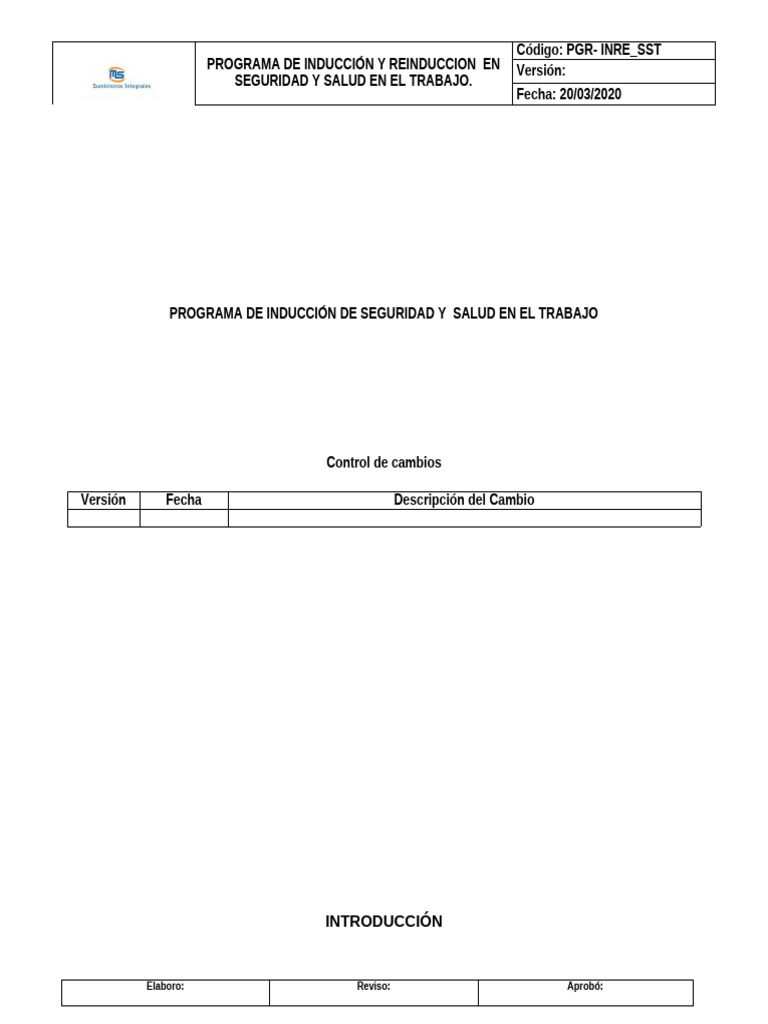 Programa de Induccion y Reinduccion Suministros | PDF | Seguridad y salud ocupacional
