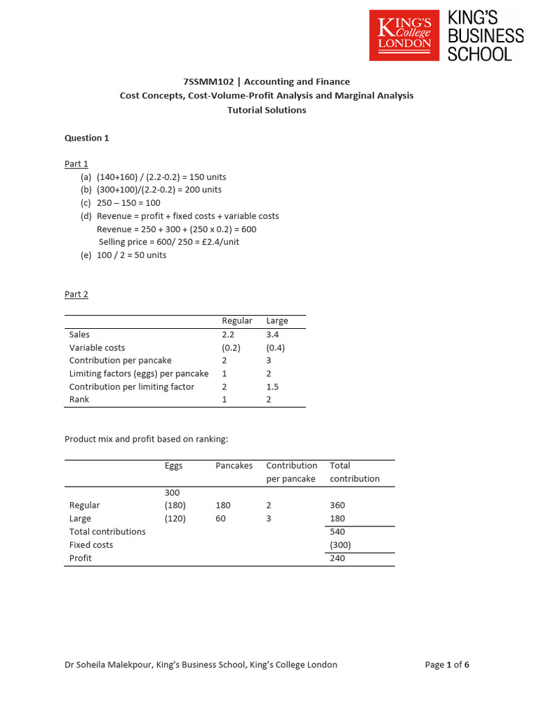 Cost Concepts, CVP Analysis and Marginal Analysis - Tutorial Solutions | PDF | Business ...