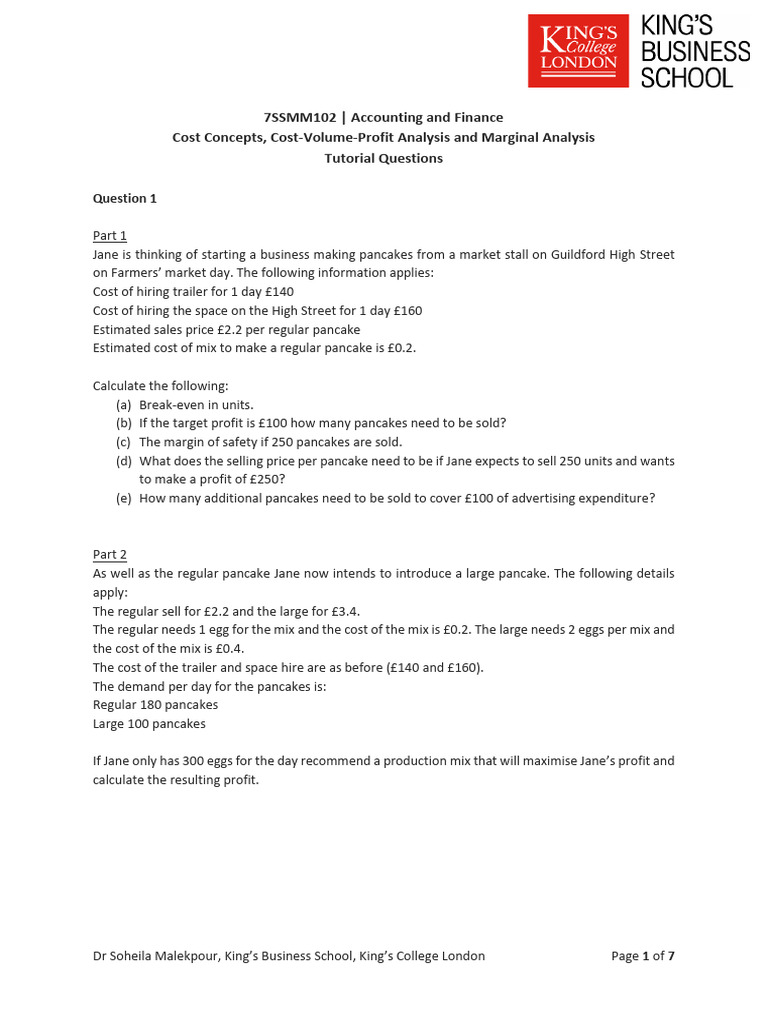 Cost Concepts, CVP Analysis and Marginal Analysis - Tutorial Questions ...