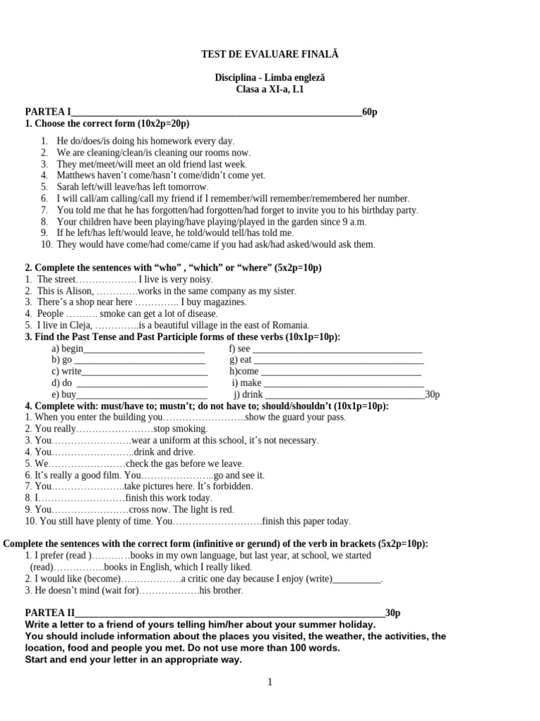 Test Initial Engleza A XI A Cu Matrice Si Barem | PDF | Verb ...
