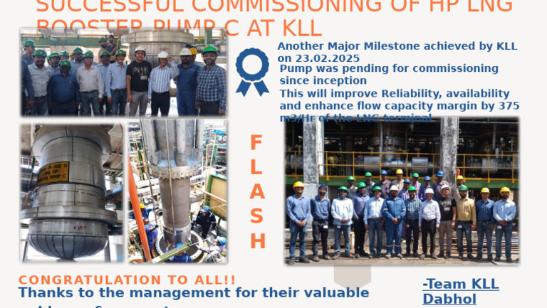 Successful Commissioning of HP LNG Booster Pump - C at KLL, Dabhol | PDF
