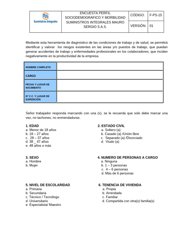 Encuesta Perfil Sociodemografico y Morbilidad Sentida V1 | PDF ...