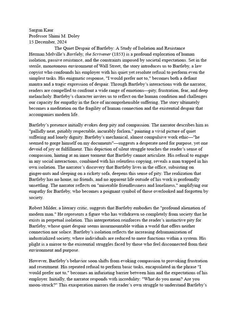 Bartleby: Isolation and Resistance Analysis | PDF | Bartleby, The ...