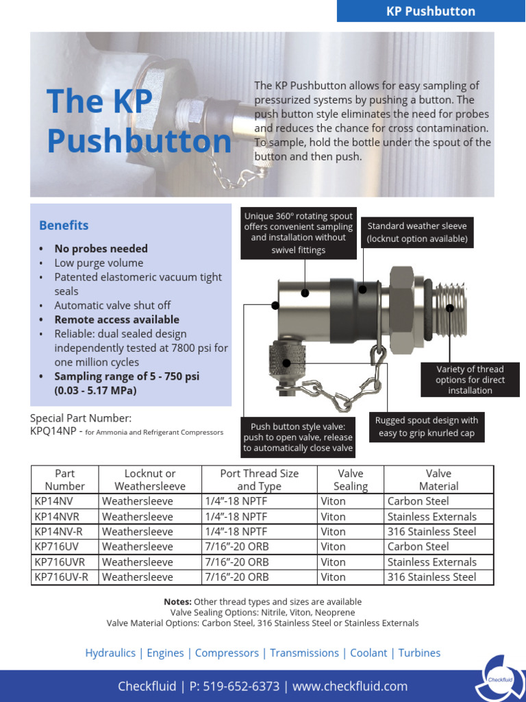 Valvulas de Muestreo Checkfluid KP Pushbutton | PDF | Valve | Manufactured Goods