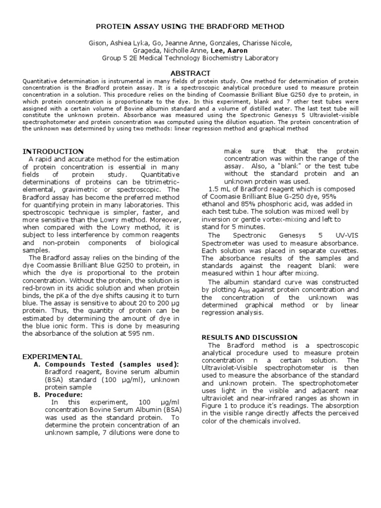 Protein Assay Using The Bradford Method | PDF | Scientific Techniques ...