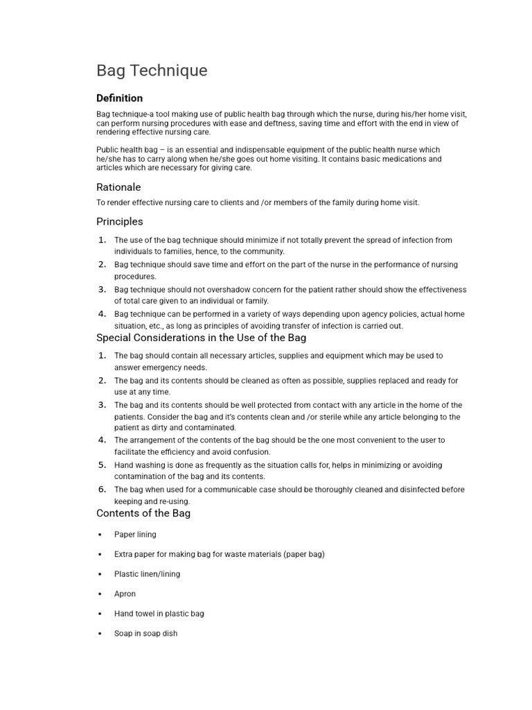 Essential Bag Technique for Nurses | PDF | Hand Washing | Health Sciences