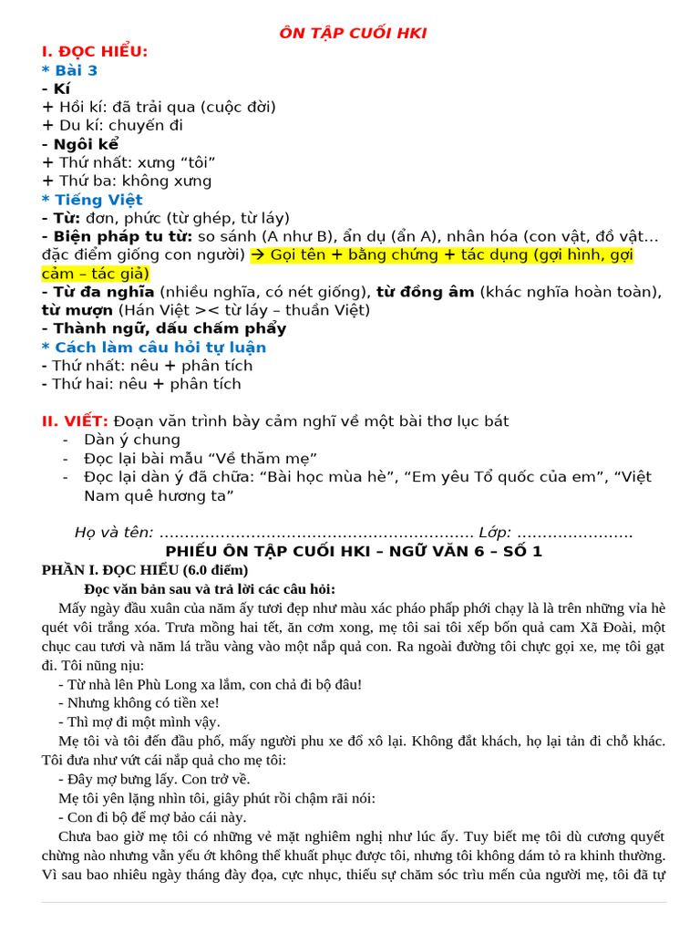 Chữa 2425-NV6-Phiếu HKI | PDF