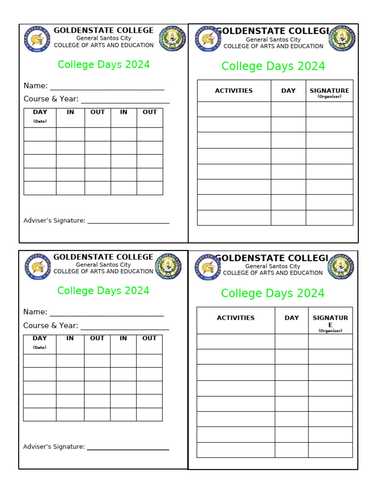 College Days 2024 Attendance Activity Sheet | PDF