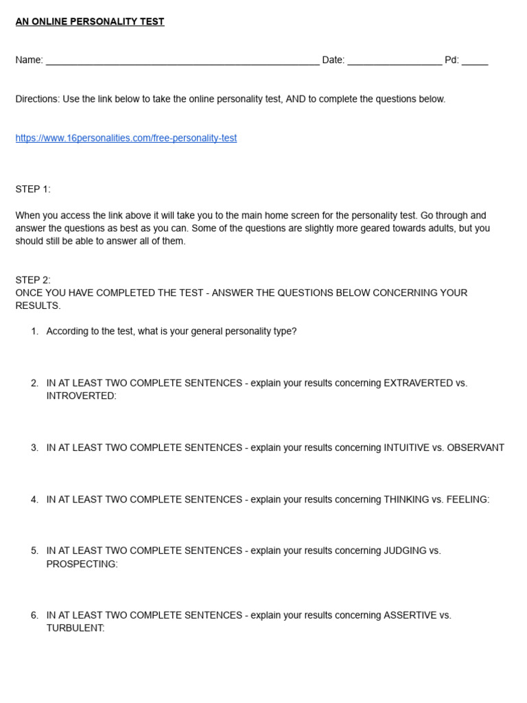 AP PSych Unit 10 - 16 Traits AN ONLINE PERSONALITY TEST | PDF ...