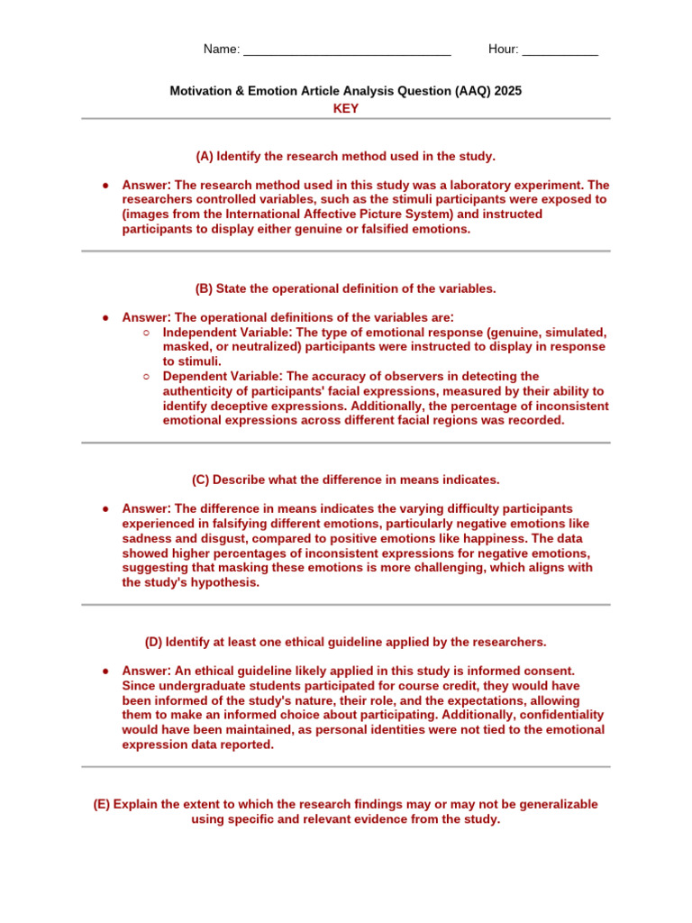 Motivation & Emotion Article Analysis Question Facial Expressions (AAQ ...