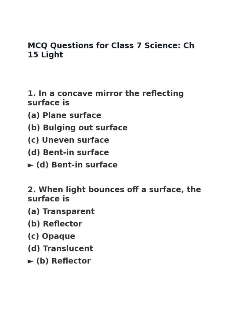 MCQ Questions for Class 7 Science Light | PDF | Mirror | Light