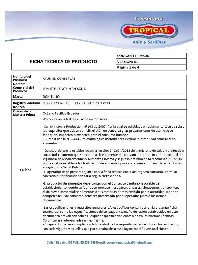 Ficha Técnica Atun en Agua - Tropical Don Tulio | PDF | Alimentos ...