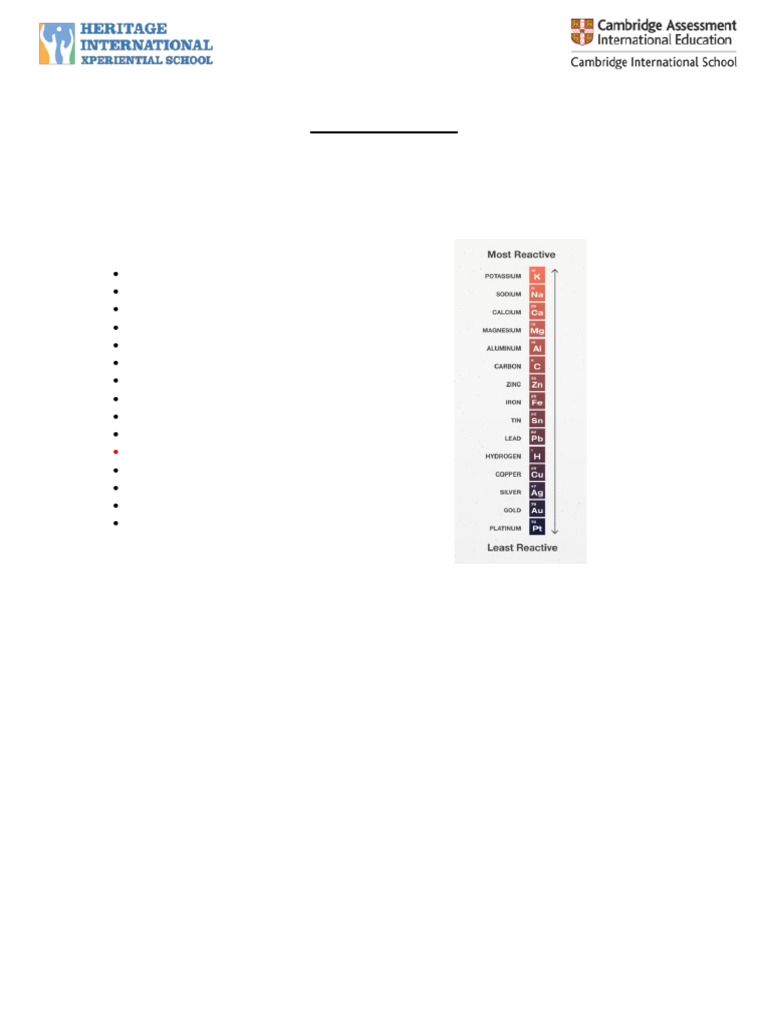 Reactivity Series Worksheet | PDF | Metals | Magnesium