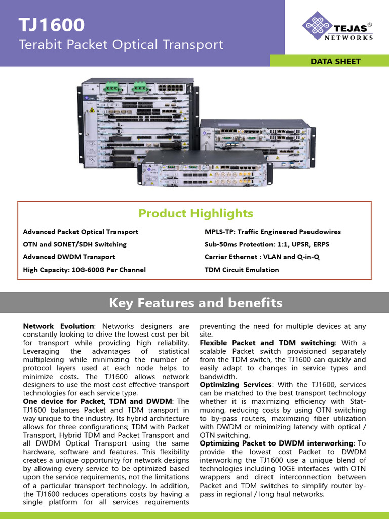 Tejas Brochure tj1600 Family Otn DWDM | PDF | Computer Network | Wavelength Division Multiplexing