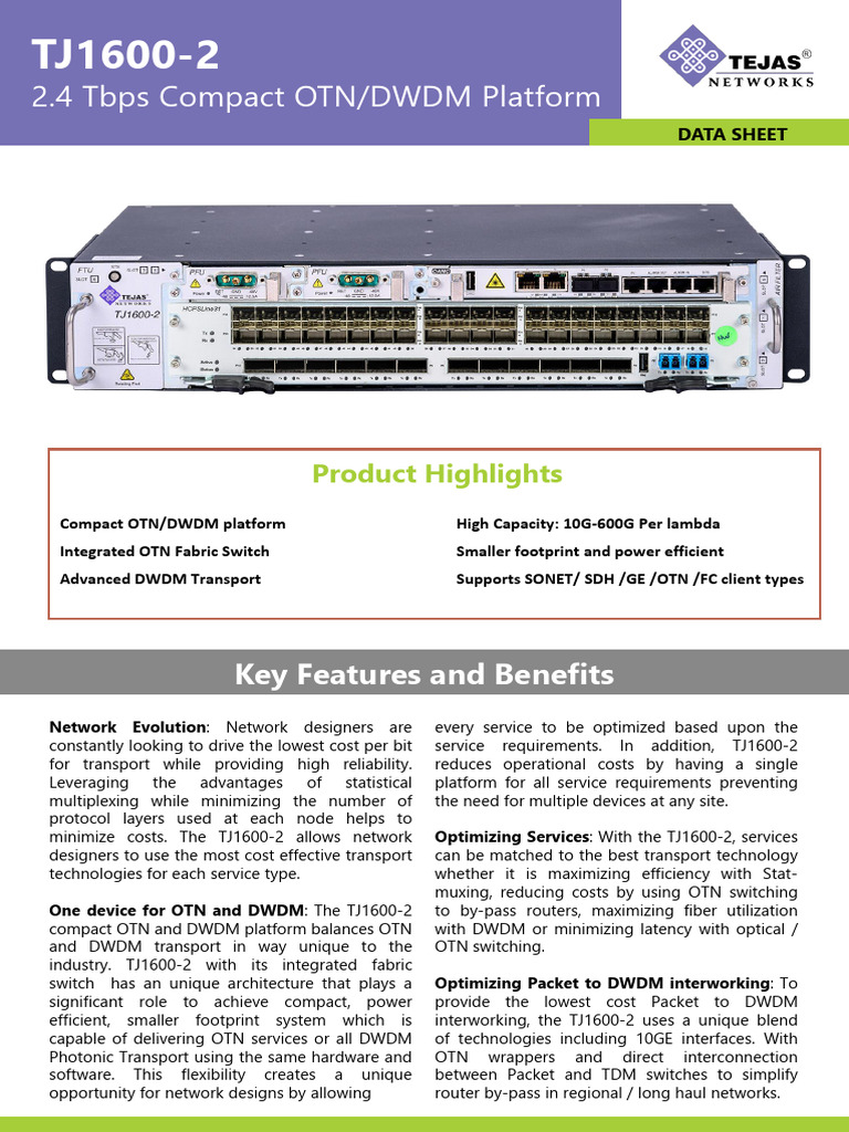 Tejas Brochure tj1600 2 Otn DWDM | PDF | Wavelength Division ...