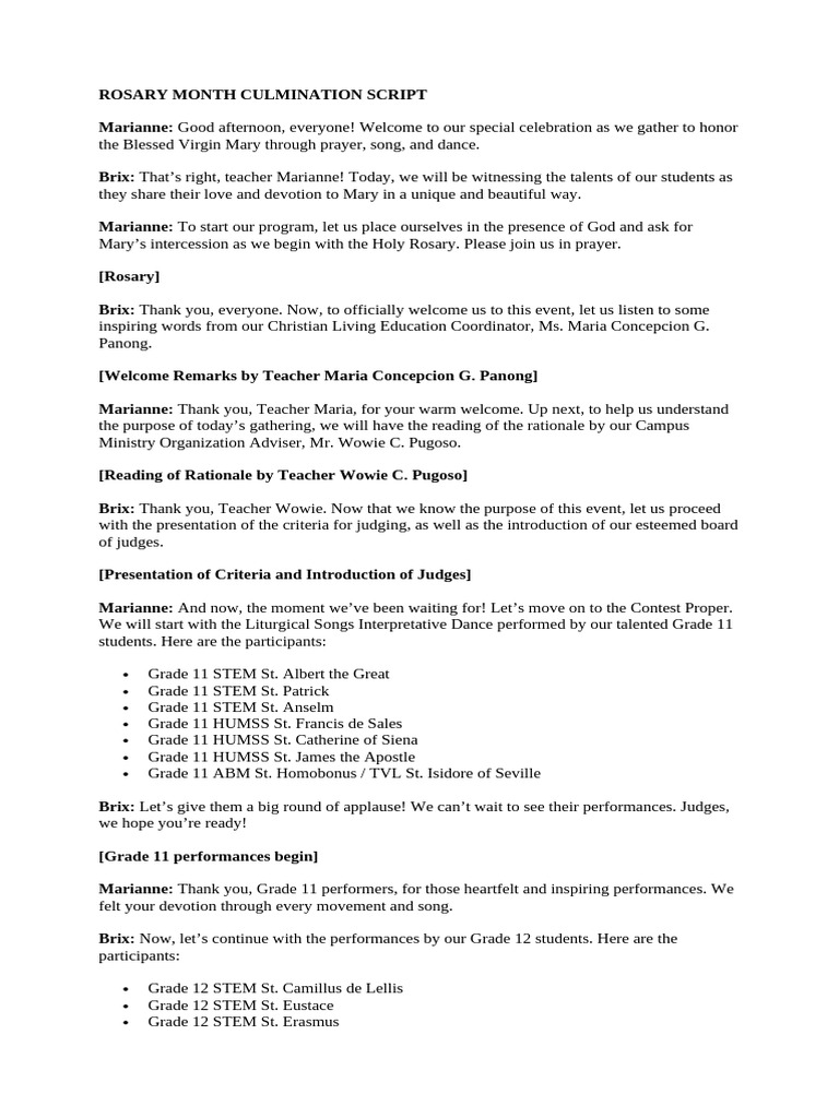 Rosary Month Culmination Script | PDF | Mary, Mother Of Jesus | Catholic Church