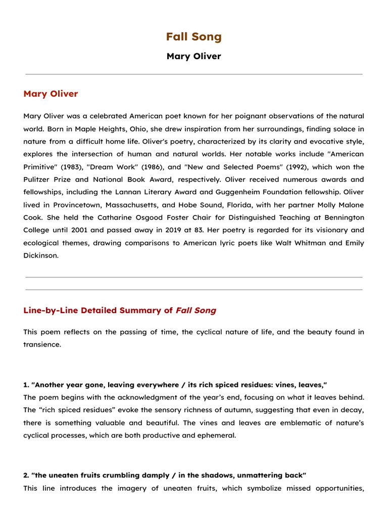Mary Oliver's "Fall Song" Analysis | PDF | Poetry