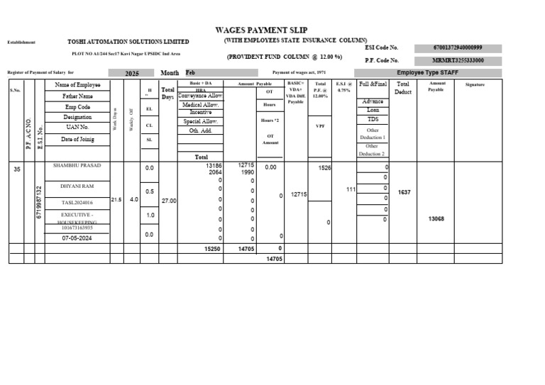 Employee Wage Payment Slip Template | PDF | Employment Compensation ...
