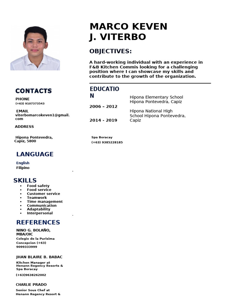 Marco Keven J. Viterbo - Applicant. | PDF | Buffet | Meal
