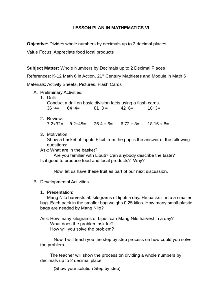 Dividing Whole Numbers by Decimals Lesson | PDF | Division (Mathematics ...