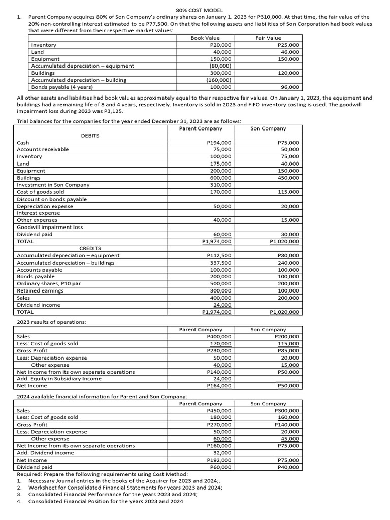 Subsequent To Date of Acquisition - 80%COST MODEL | PDF | Book Value | Corporations