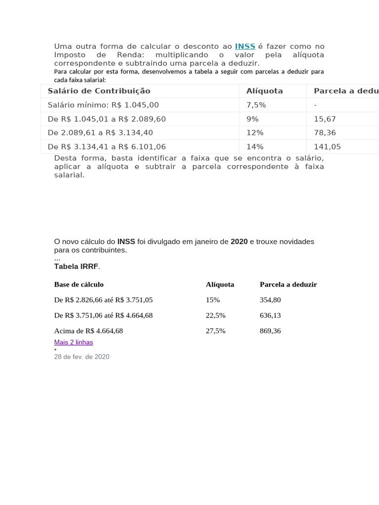 Tabela IRRF e INSS - 2020 | PDF