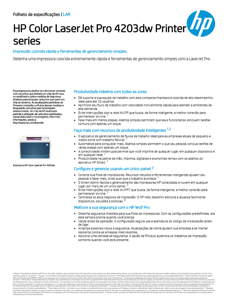 Catalogo HP Printer Color A4 Pro 4203dw - Portugues Out2023 | PDF | Wi ...