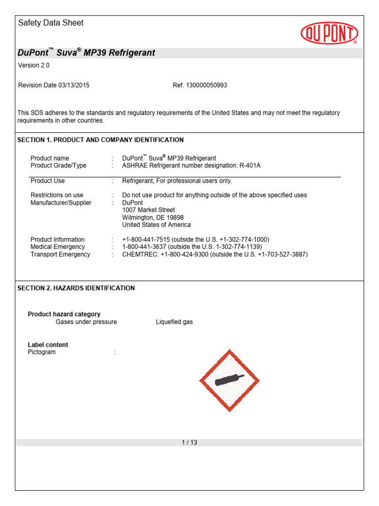 DuPont_R_401A_4-28-15 | PDF | Toxicity | Fires