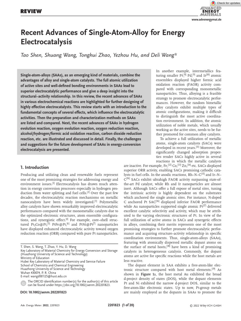 Recent Advances of Single Atom Alloy For Energy Electrocatalysis | PDF ...