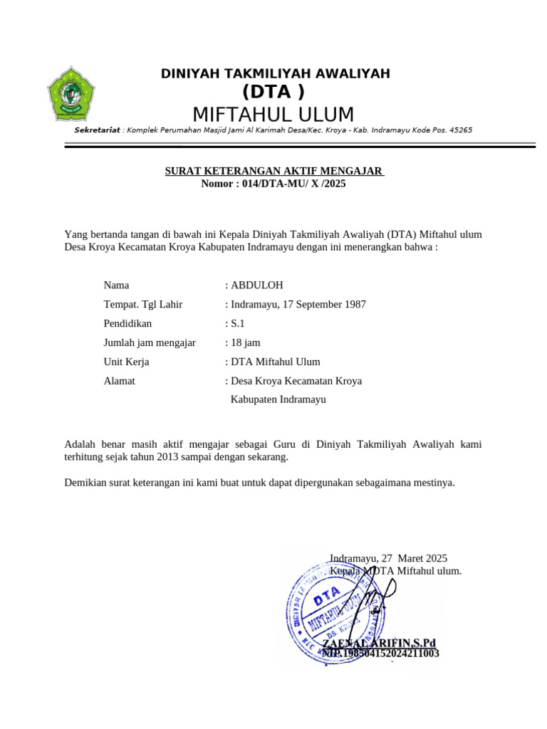 Surat Keterangan Aktif Mengajar DTA | PDF