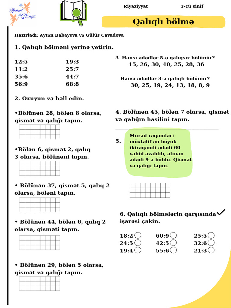 3-Cü Sinif Qalıqlı Bölmə - 20250317 - 153044 - 0000 | PDF