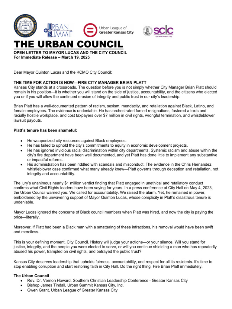 Kansas City's Urban Council Sends Open Letter To Mayor, City Council ...