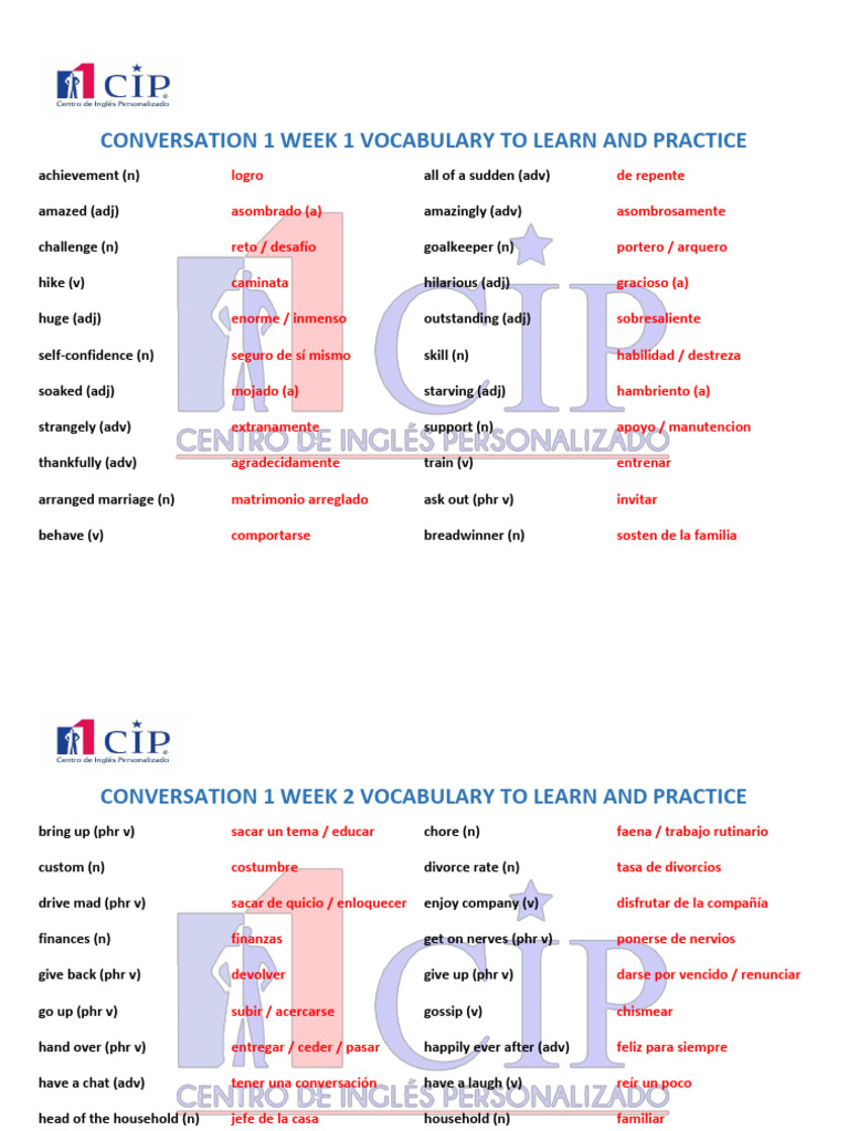 Vocabulario de Conversación: Práctica Semanal | PDF