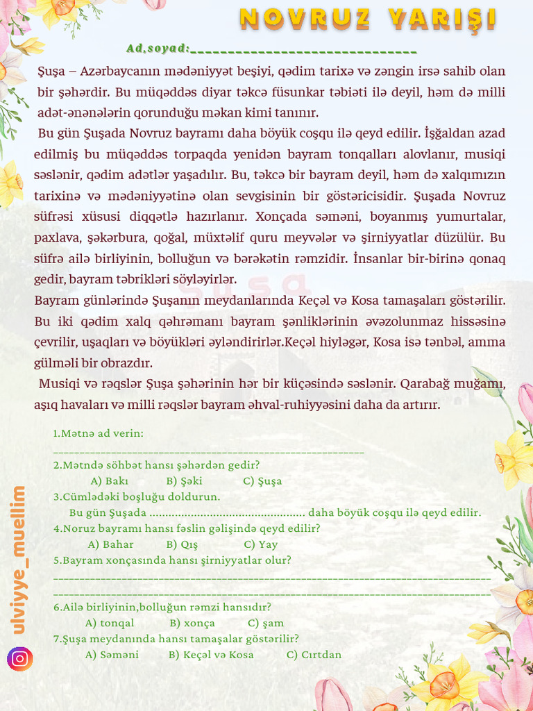 326-H.ülviyyə-2ci Sinif NOVRUZ YARIŞI-Azərbaycan Dili | PDF