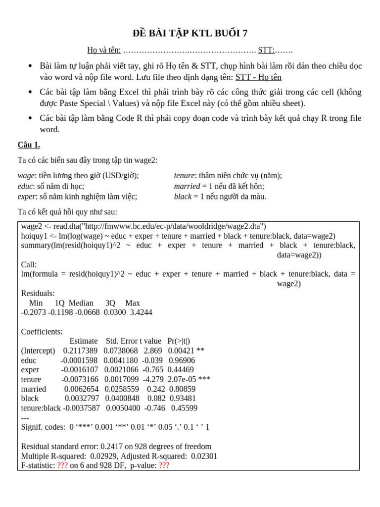 ĐỀ BÀI TẬP KTL BUỔI 7 | PDF