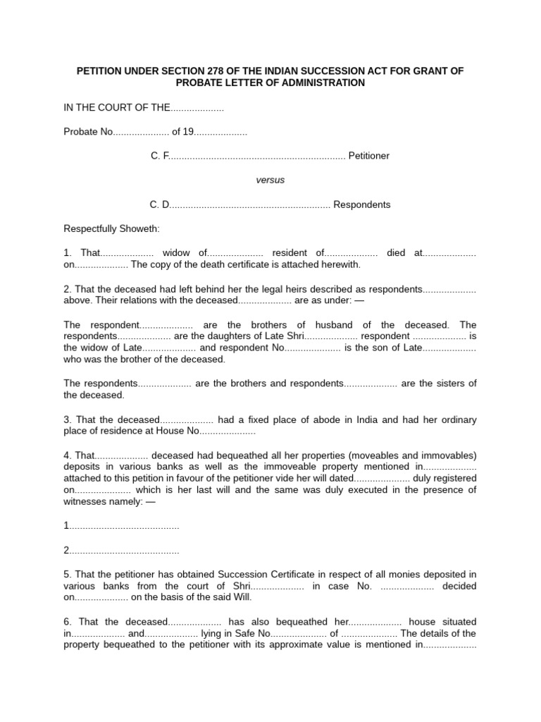 Petition Under Section 278 of The Indian Succession Act For Grant of ...